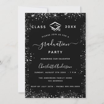 Graduation black silver glitter glamorous invitation | Zazzle