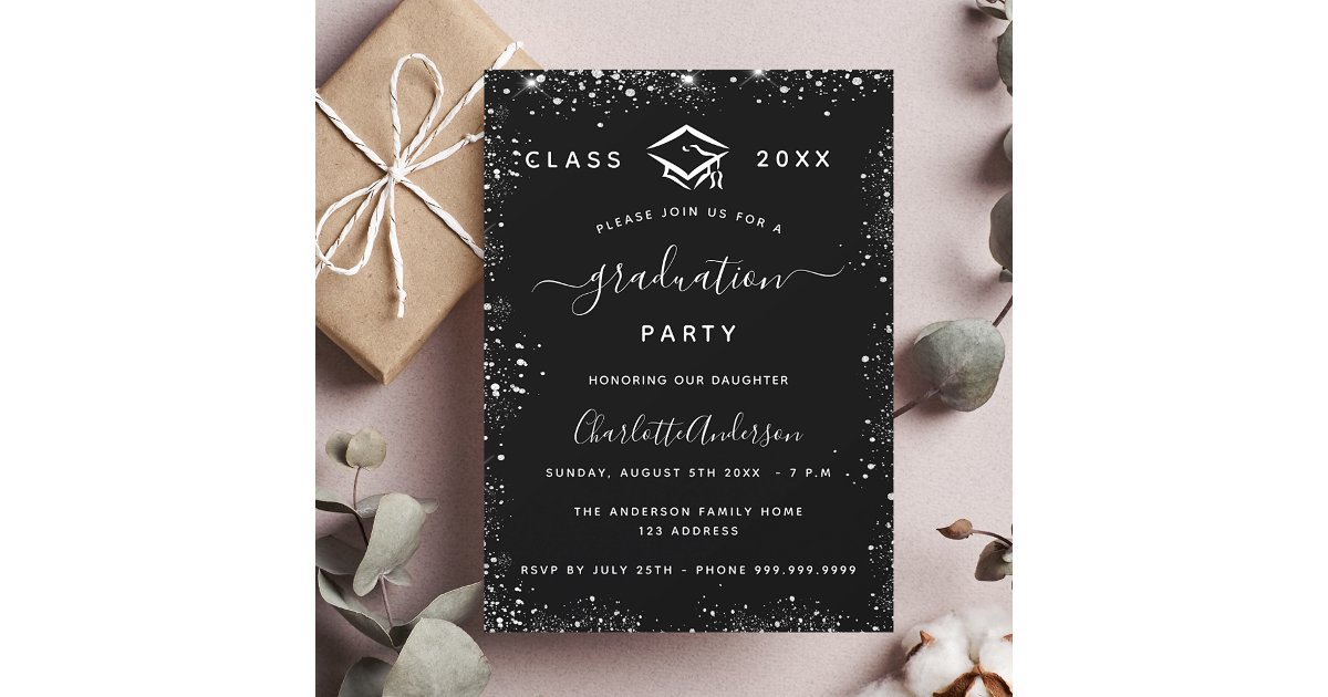 Graduation black silver glitter glamorous invitation postcard | Zazzle