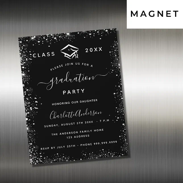Graduation black silver glitter luxury magnetic invitation | Zazzle