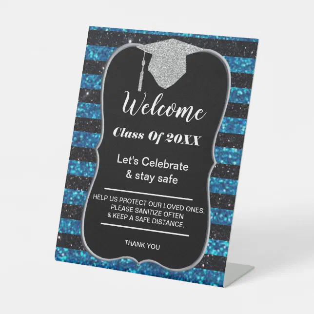 Graduation Blue Black Stripes Party safety Pedestal Sign | Zazzle