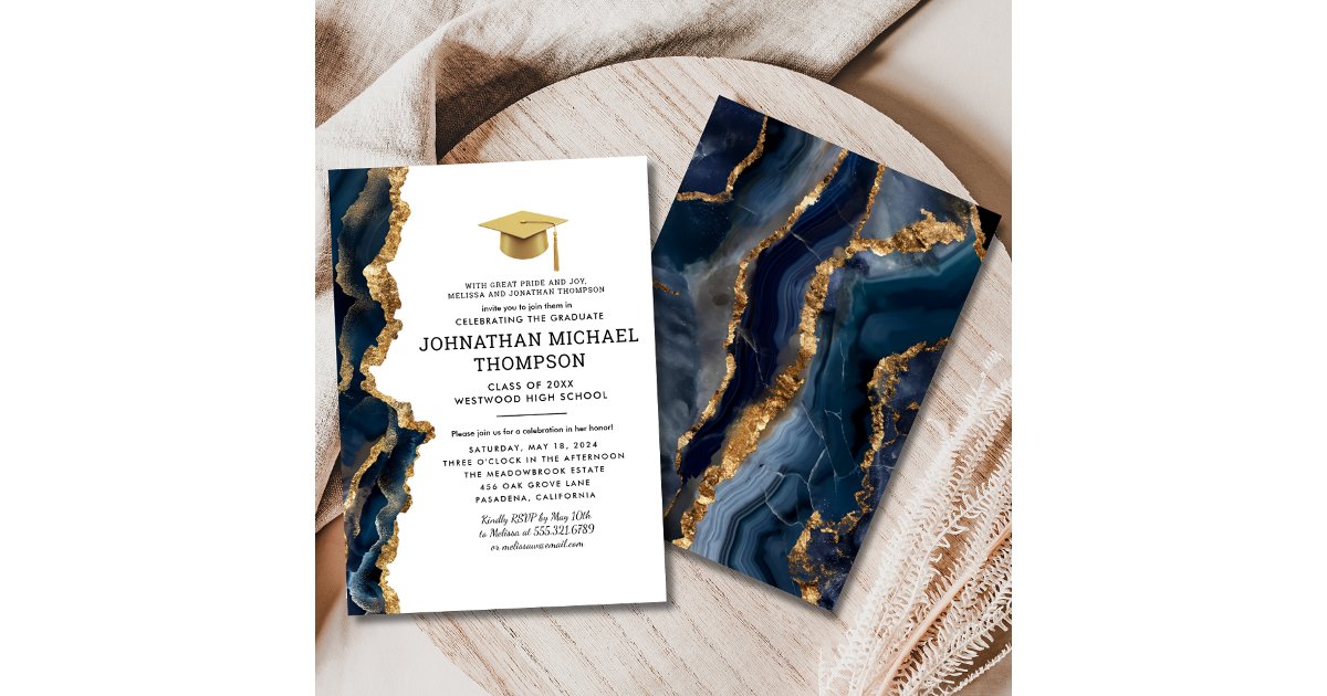 Graduation Blue Gold Agate Graduation Invitation | Zazzle