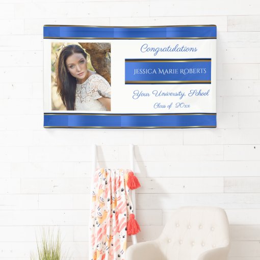 Graduation, Blue Gold, Custom Photo, Banner | Zazzle