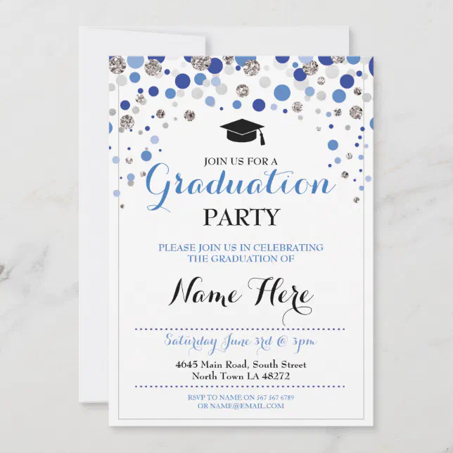 Graduation Blue Silver Party Polka Dot Invite | Zazzle