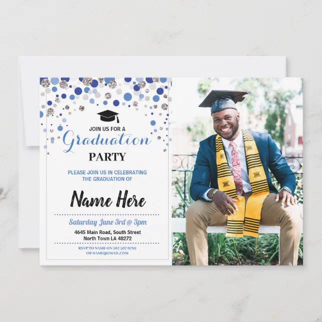 Graduation Blue Silver Party Polka Dot Photo Invitation | Zazzle