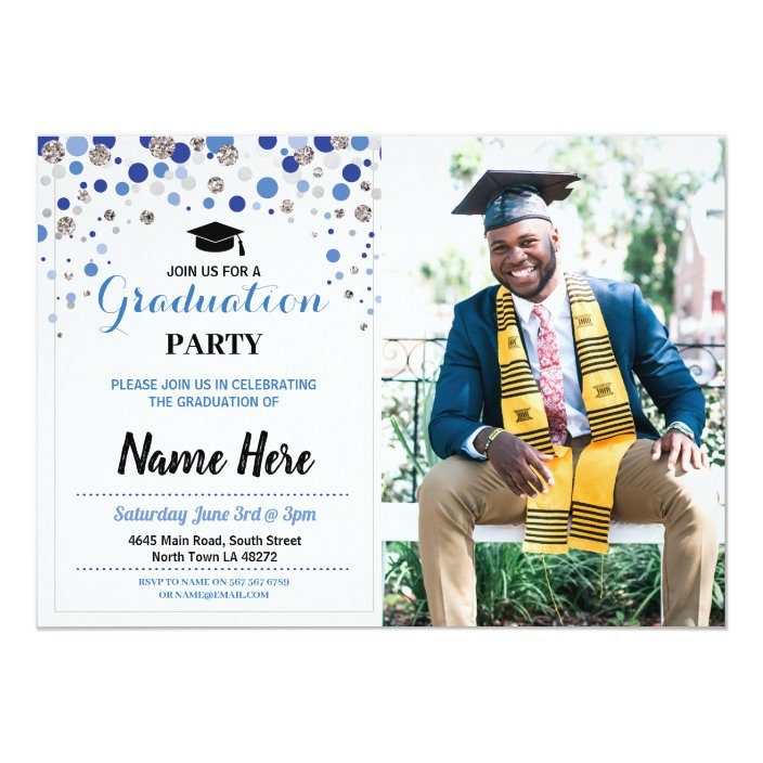 Graduation Blue Silver Party Polka Dot Photo Invitation | Zazzle.com