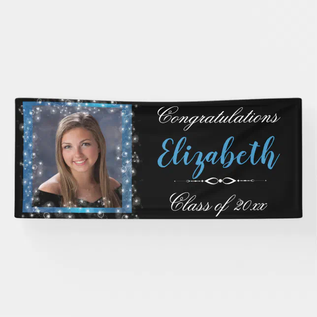 Graduation, Blue Sparkling Glitter, Custom Photo Banner | Zazzle