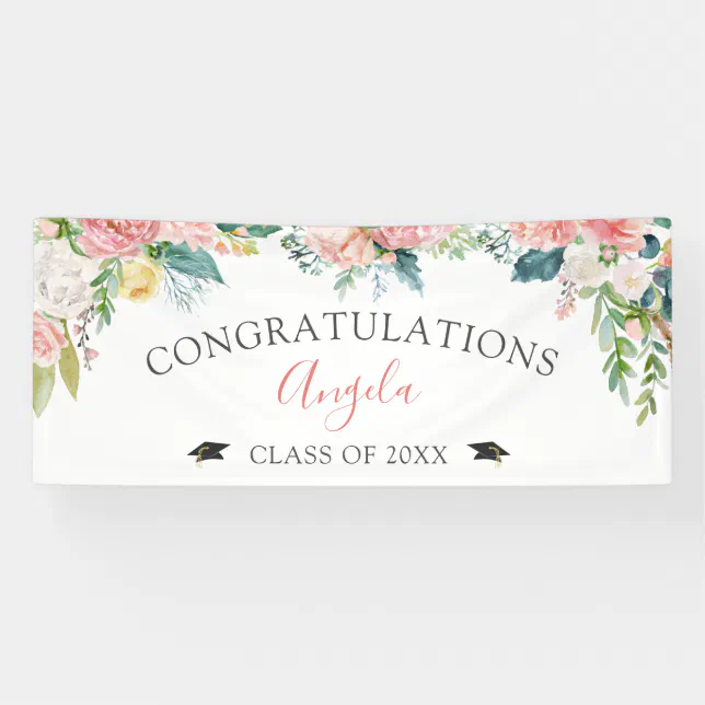 Graduation Blush Pink Floral Script Personalized Banner | Zazzle