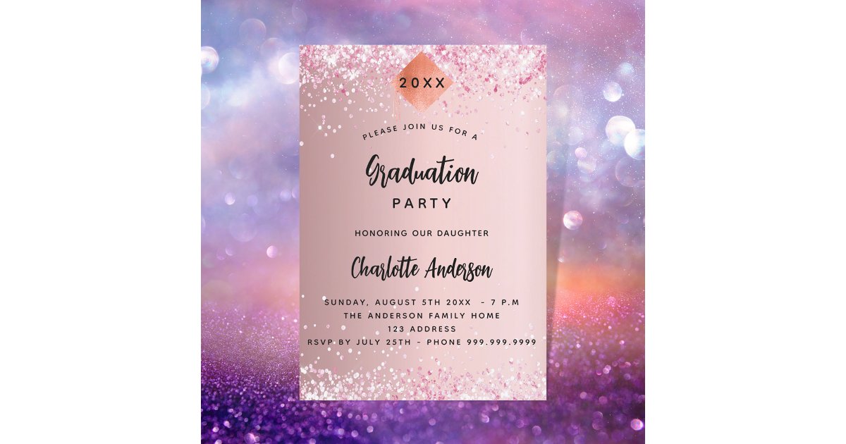Graduation blush pink glitter girl invitation | Zazzle