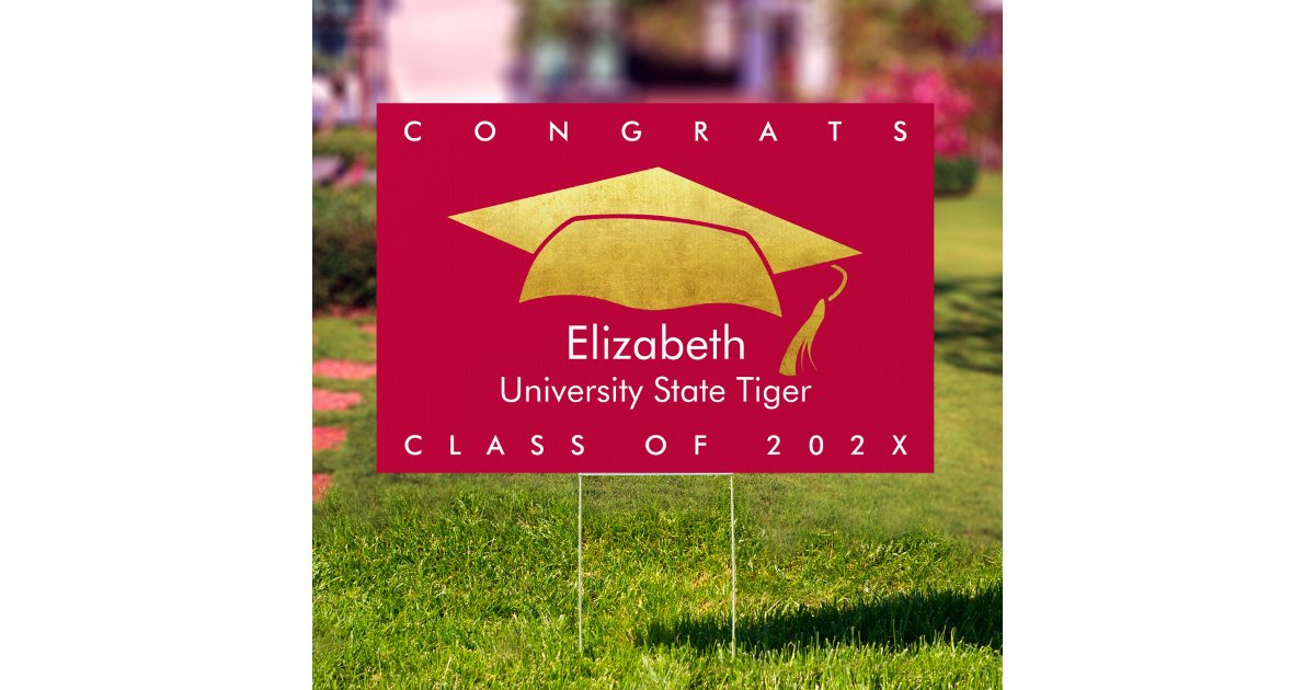 Graduation Bold Modern Gold Cap Red SM/LG Yard Sign | Zazzle