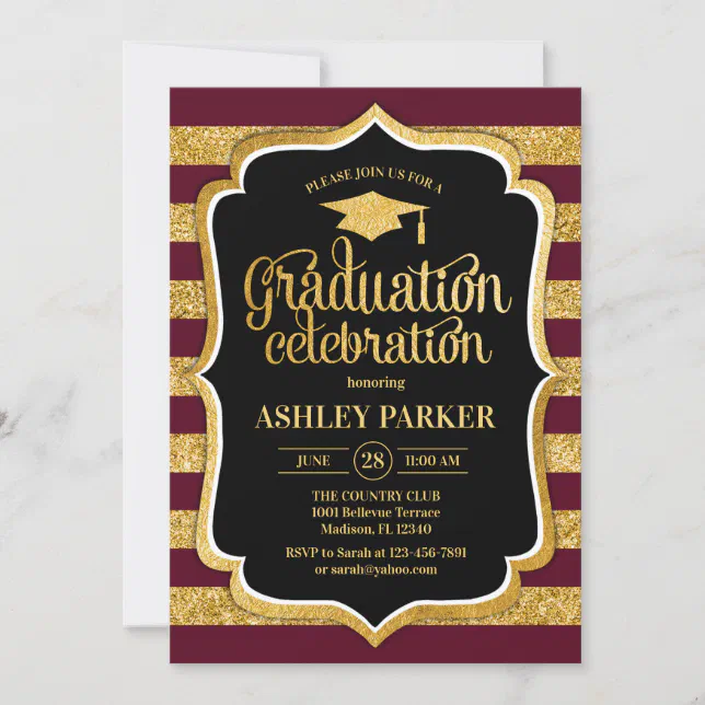 Graduation - Burgundy Gold Black Invitation | Zazzle