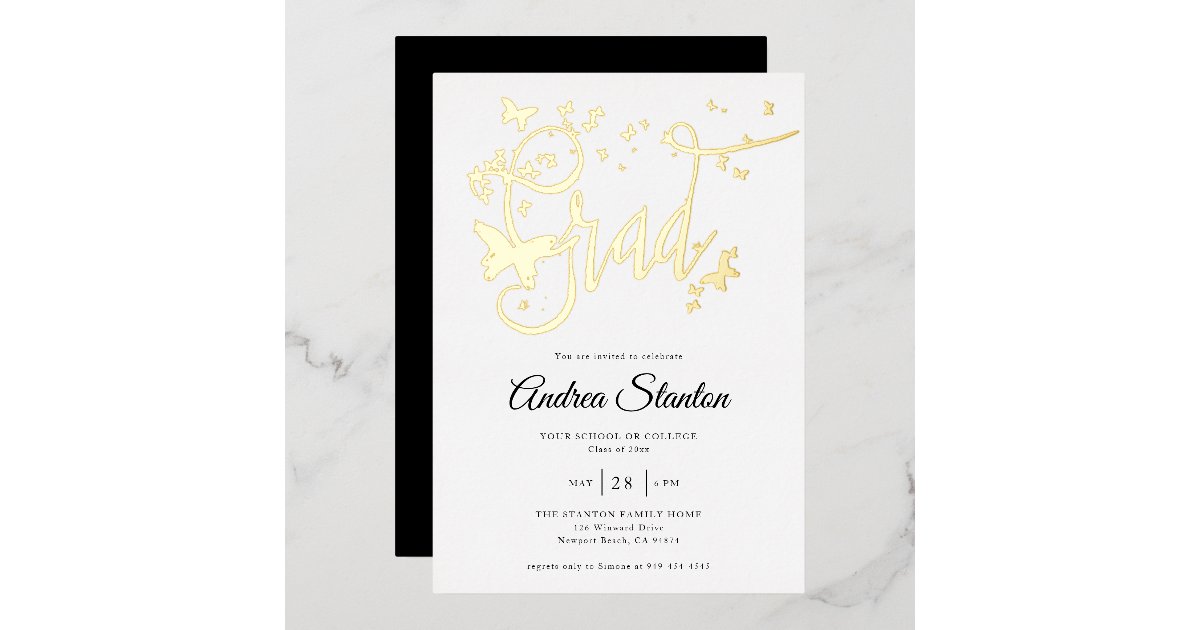 Graduation Butterflies Grad Calligraphy BW Gold Foil Invitation | Zazzle