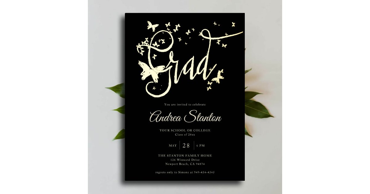 Graduation Butterflies Grad Calligraphy Elegant Foil Invitation | Zazzle
