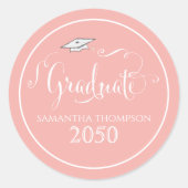 Graduation Calligraphy Script Elegant Peach Cap Classic Round Sticker ...