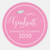 Graduation Calligraphy Script Elegant Pink Cap Classic Round Sticker ...