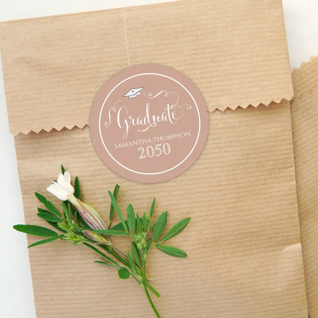 Graduation Calligraphy Script Elegant Tan Cap Classic Round Sticker ...