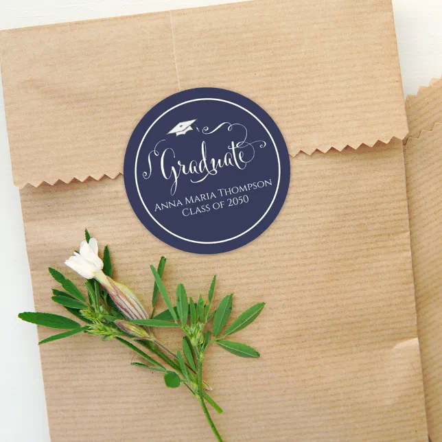 Graduation Calligraphy Script Simple Navy Blue Classic Round Sticker ...