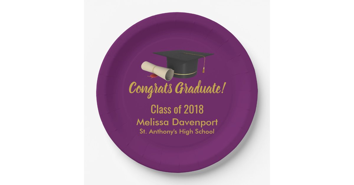 Graduation Cap and Diploma on Purple Class of 20XX Paper Plates | Zazzle