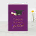 Graduation Cap and Diploma on Purple Grad Congrats Card | Zazzle