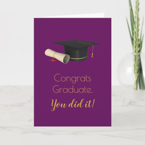 Graduation Cap and Diploma on Purple Grad Congrats Card | Zazzle