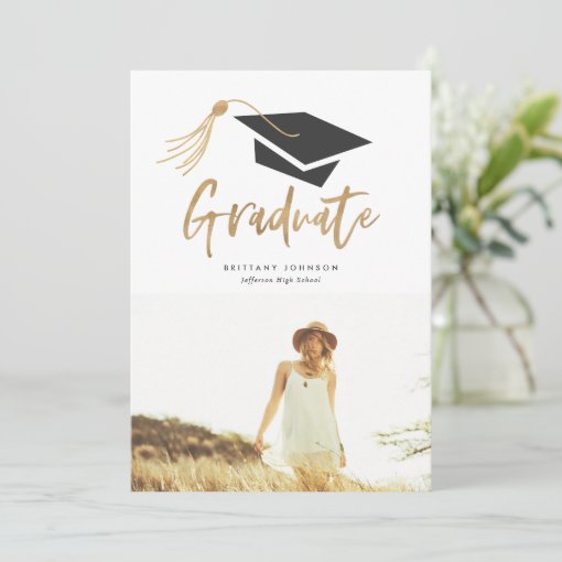 Graduation Cap and Tassel Gold Foil Photo Party Invitation | Zazzle