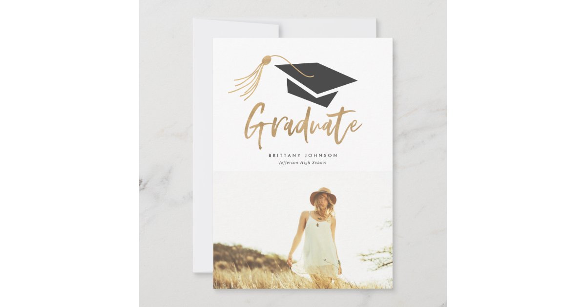 Graduation Cap and Tassel Gold Foil Photo Party Invitation | Zazzle