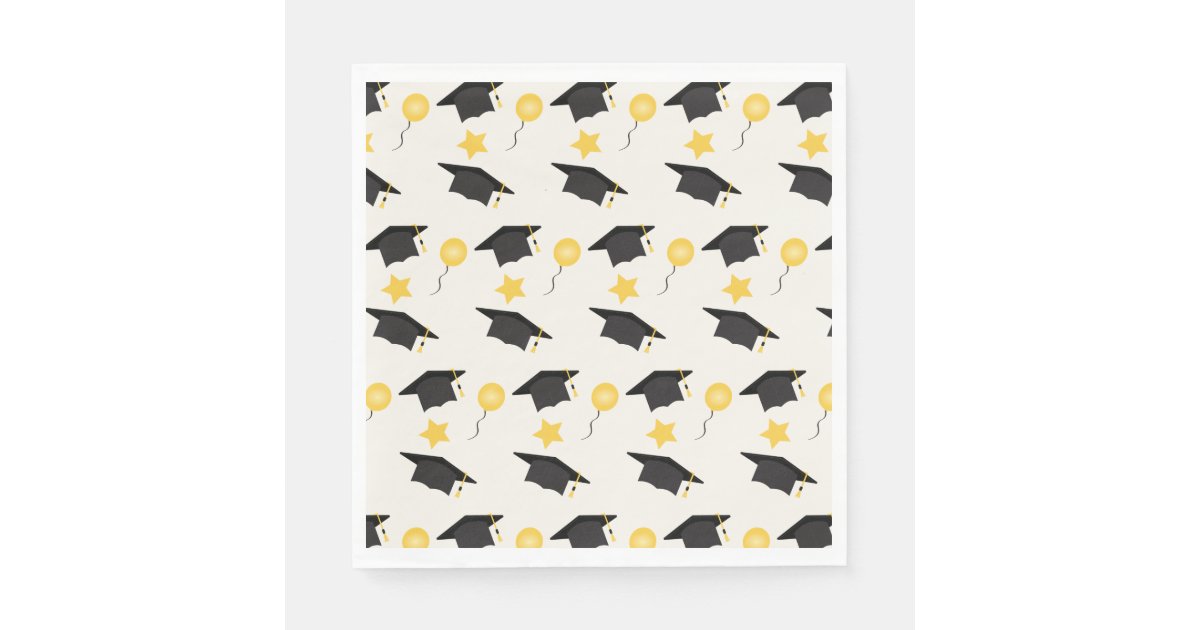 Graduation Cap Balloons Stars Pattern Yellow Black Napkins | Zazzle