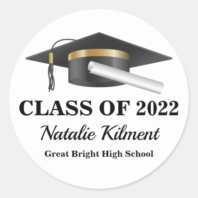 Graduation Cap Black and Gold Class of 2022 Classic Round Sticker | Zazzle