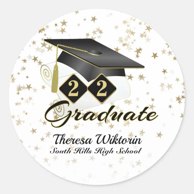 Graduation Cap Black Gold Stars Personalized Classic Round Sticker | Zazzle