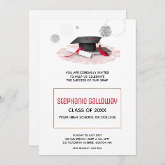 Graduation Cap Black & White Red Glitter Frame In Invitation | Zazzle
