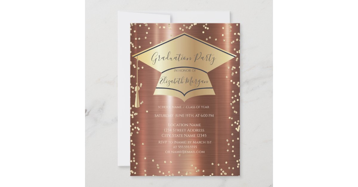 Graduation Cap,Diamonds Brown Metallic Graduation Invitation | Zazzle