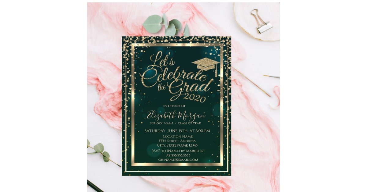 Graduation Cap Diamonds Stars Green Graduation Invitation | Zazzle
