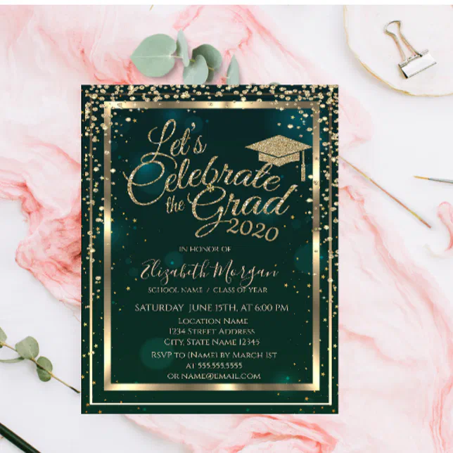 Graduation Cap Diamonds Stars Green Graduation Invitation | Zazzle
