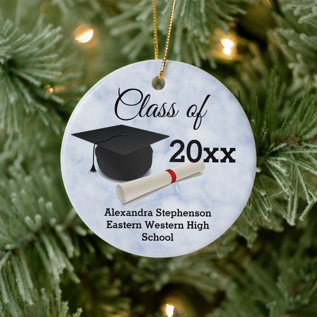 Graduation Cap Diploma Blue Marble Customized Ceramic Ornament | Zazzle