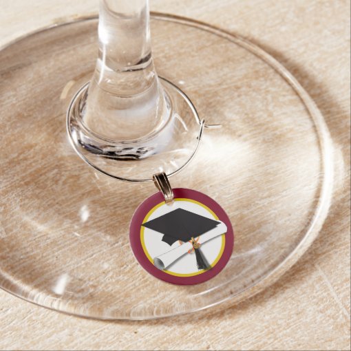 Graduation Cap & Diploma - Dark Red Background Wine Glass Charm | Zazzle