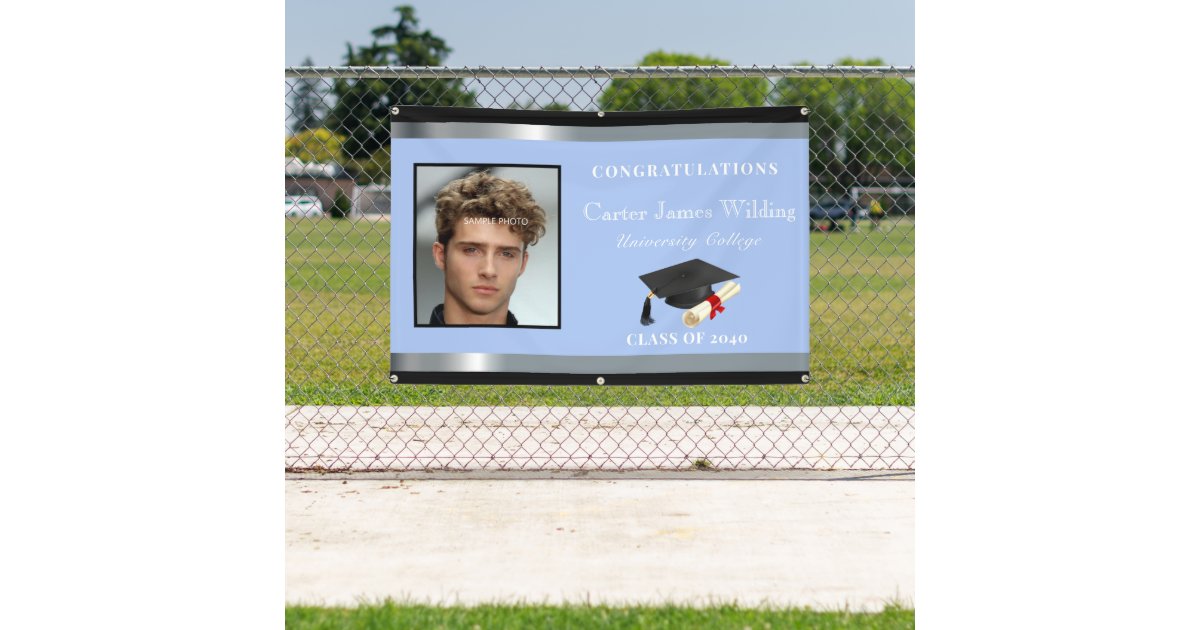 Graduation Cap Diploma Personal Photo Black Blue Banner | Zazzle