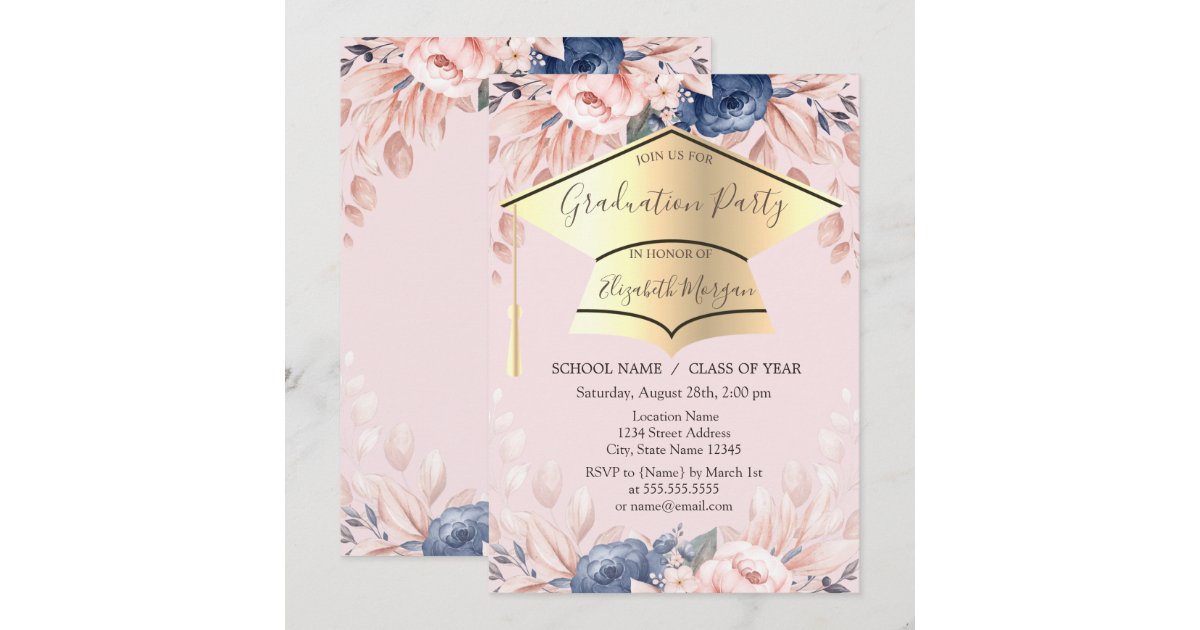 Graduation Cap,Flowers Light Pink Graduation Invitation | Zazzle