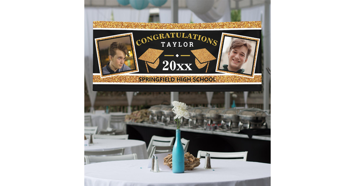 Graduation Cap Gold And Black Congratulations Banner | Zazzle