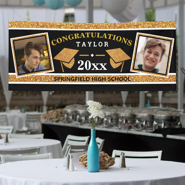 Graduation Cap Gold And Black Congratulations Banner | Zazzle