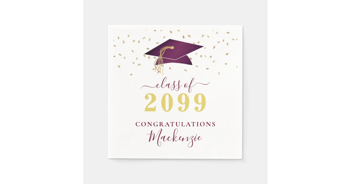Graduation Cap Maroon Gold Confetti Script Napkins | Zazzle