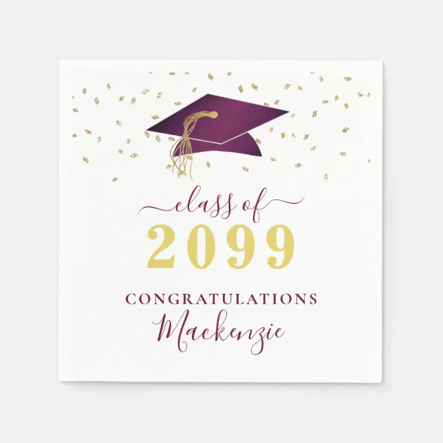 Graduation Cap Maroon Gold Confetti Script Napkins | Zazzle
