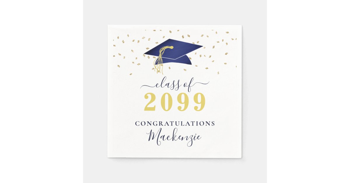 Graduation Cap Navy Blue Gold Confetti Script Napkins | Zazzle