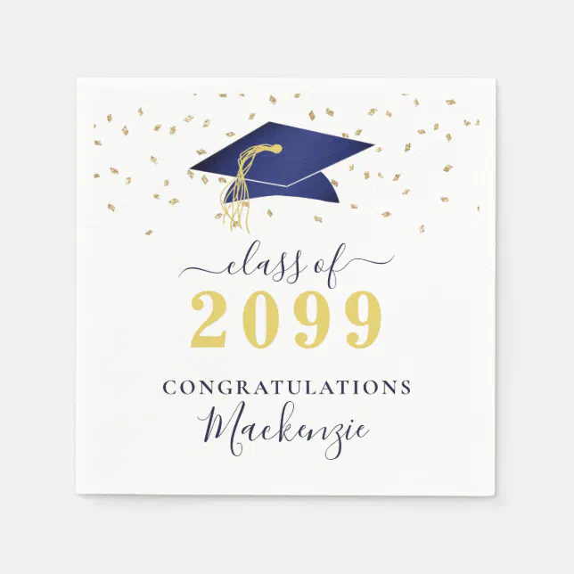 Graduation Cap Navy Blue Gold Confetti Script Napkins | Zazzle