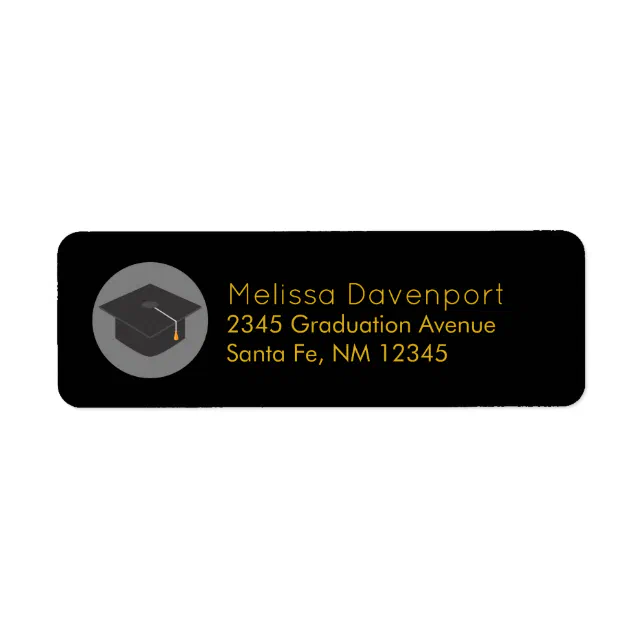 Graduation Cap on Black Background Gold Lettering Label | Zazzle