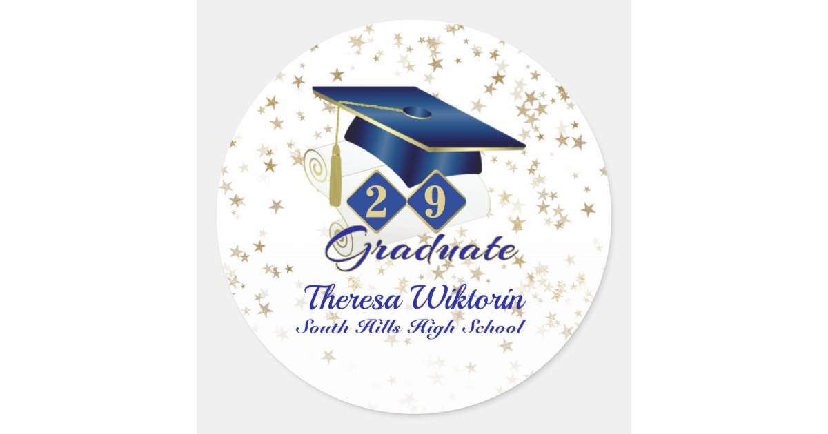 Graduation Cap Party Blue Gold Personalized Classi Classic Round ...
