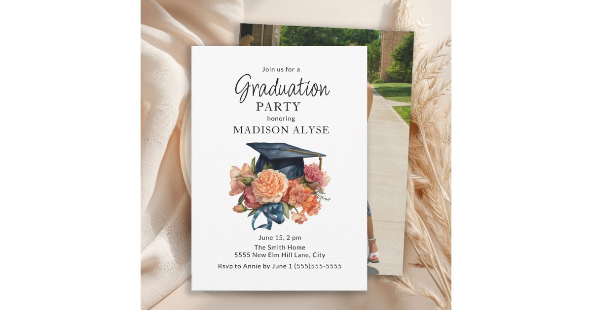 Graduation Cap Peach Floral Photo Graduation Invitation | Zazzle