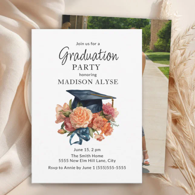 Graduation Cap Peach Floral Photo Graduation Invitation | Zazzle