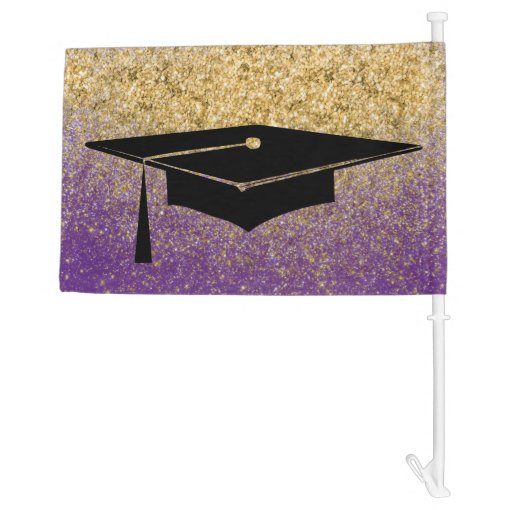 Graduation Cap Purple Gold Glitter Car Flag | Zazzle