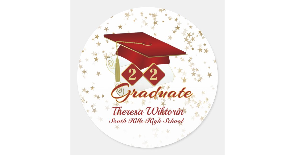 Graduation Cap Red Gold Stars Personalized Classic Round Sticker | Zazzle
