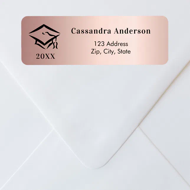 Graduation cap rose gold return address label | Zazzle