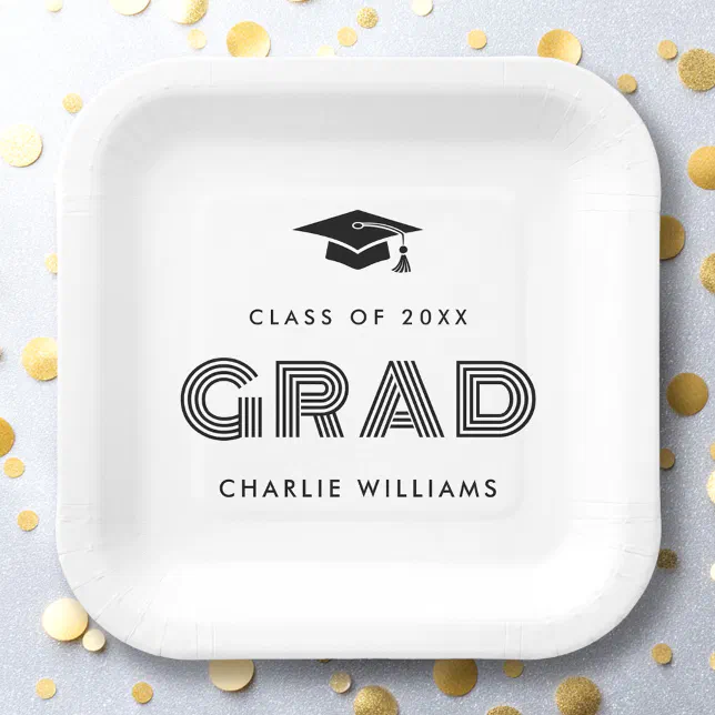 Graduation cap Student Grad name class white Paper Plates | Zazzle